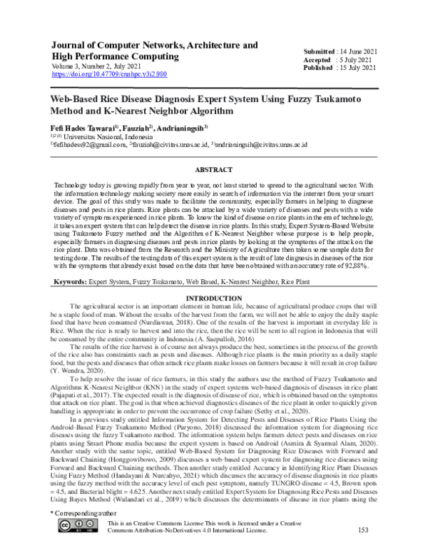 (PDF) Web-Based Rice Disease Diagnosis Expert System Using Fuzzy Tsukamoto Method and K-Nearest ...