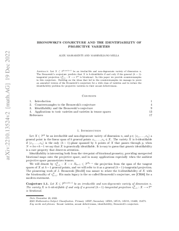 (PDF) Bronowski's conjecture and the identifiability of projective varieties | Massimiliano ...