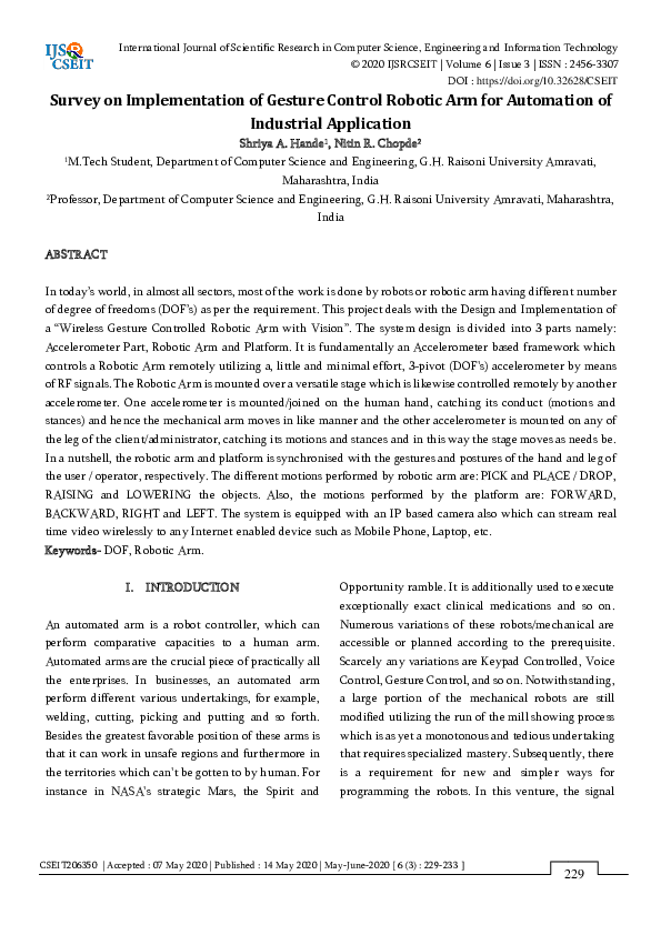 (PDF) Survey on Implementation of Gesture Control Robotic Arm for ...