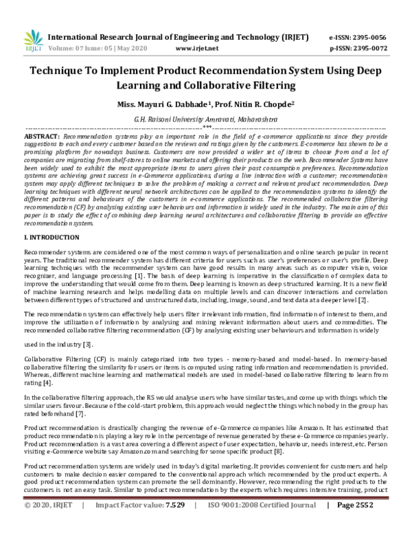 Pdf Technique To Implement Product Recommendation System Using Deep Learning And Collaborative