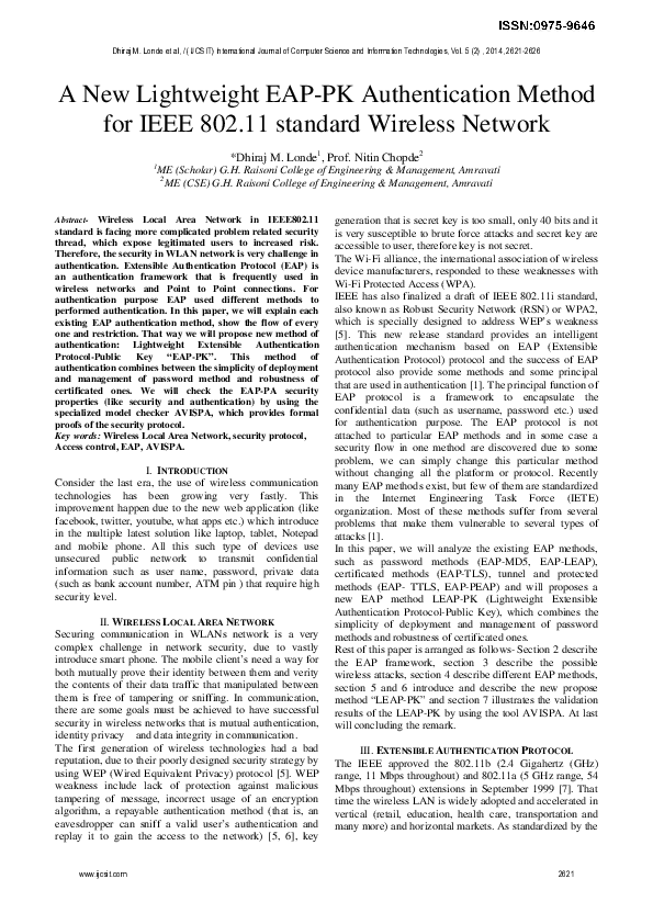 (PDF) A New Lightweight EAP-PK Authentication Method for IEEE 802 . 11 ...