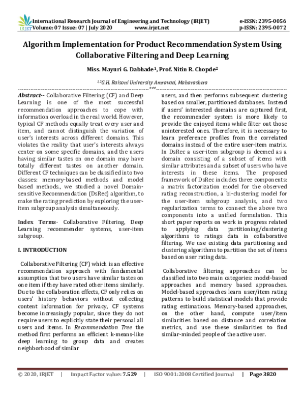 (PDF) Algorithm Implementation for Product Recommendation System Using ...