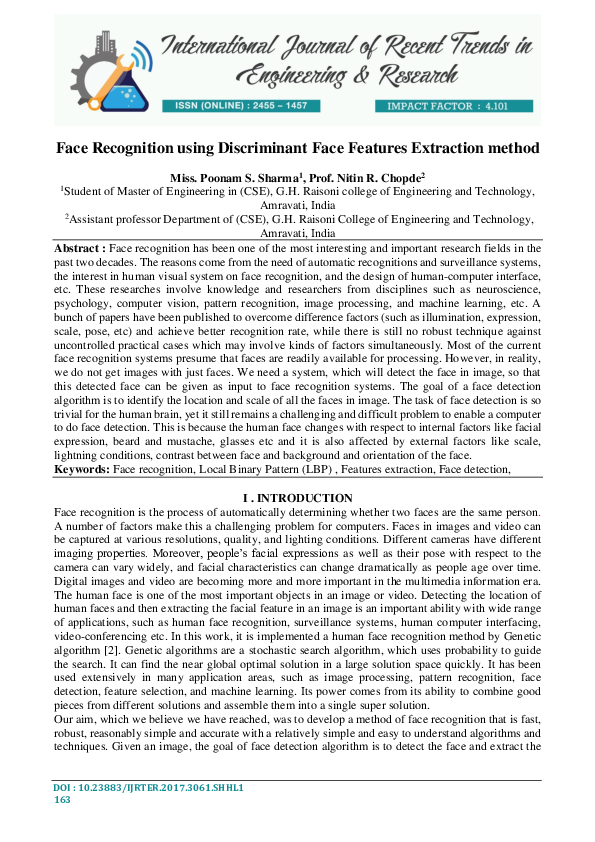 Pdf Face Recognition Using Discriminant Face Features Extraction Method
