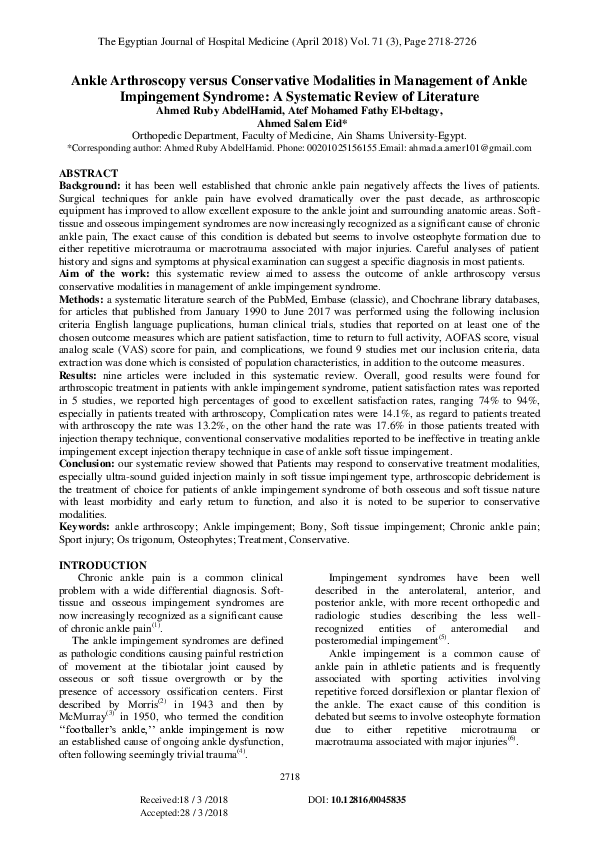 (PDF) Ankle Arthroscopy versus Conservative Modalities in Management of Ankle Impingement ...