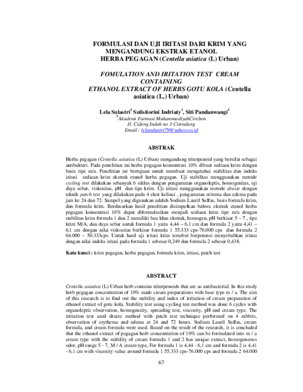 (PDF) FORMULASI DAN UJI IRITASI DARI KRIM YANG MENGANDUNG EKSTRAK ETANOL HERBA PEGAGAN (Centella ...