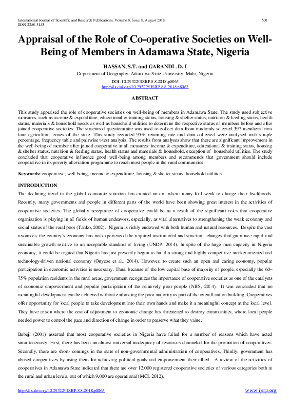 (PDF) Appraisal of the Role of Co-operative Societies on Well-Being of ...