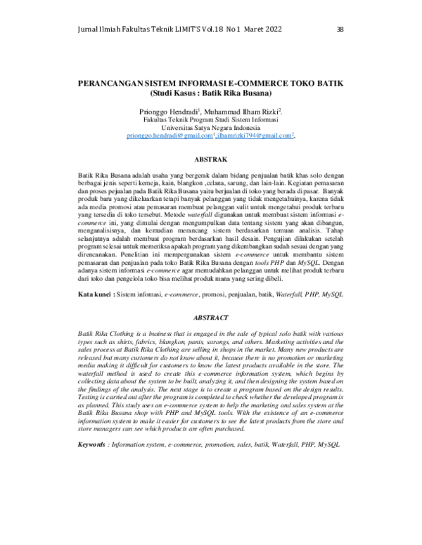 (PDF) PERANCANGAN SISTEM INFORMASI E-COMMERCE TOKO BATIK (Studi Kasus : Batik Rika Busana)