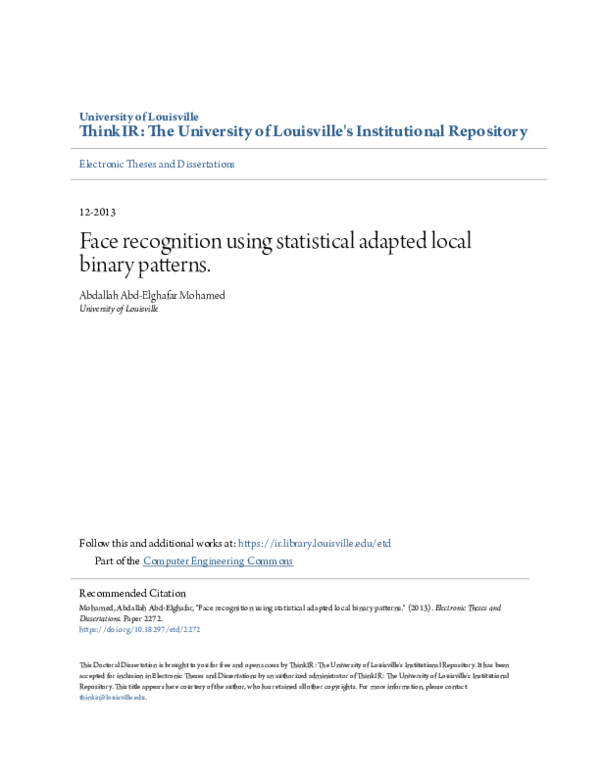 Pdf Face Recognition Using Statistical Adapted Local Binary Patterns Abdallah Ait Mohamed 