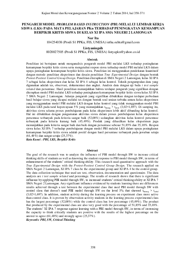 (PDF) PENGARUH MODEL PROBLEM BASED INSTRUCTION (PBI) MELALUI LEMBAR KERJA SISWA (LKS) PADA MATA ...