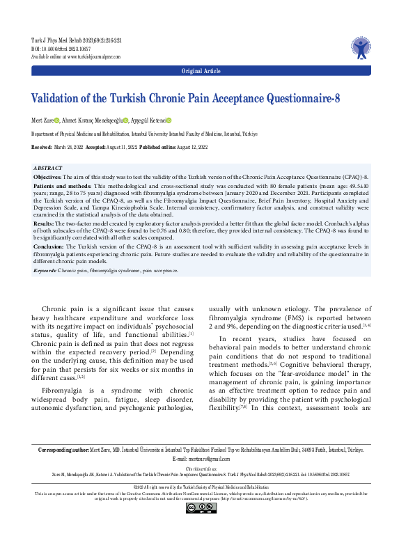 (PDF) Validation of the Turkish Chronic Pain Acceptance Questionnaire-8