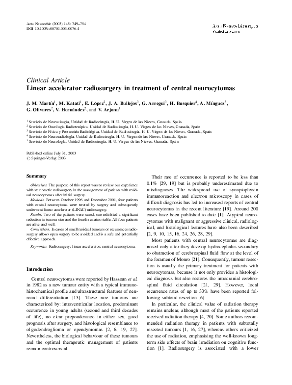 (PDF) Linear accelerator radiosurgery in treatment of central neurocytomas | Majed Katati ...