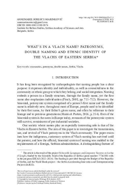(PDF) What's in a Vlach Name? Patronyms, Double Naming and Ethnic ...
