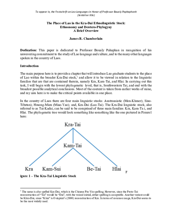 (PDF) The Place of Lao in the Kra-Dai Ethnolinguistic Stock: Ethnonomy ...