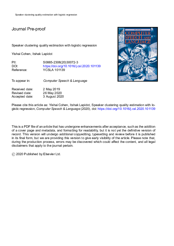 (PDF) Speaker clustering quality estimation with logistic regression (PDF) Speaker clustering quality estimation with logistic regression