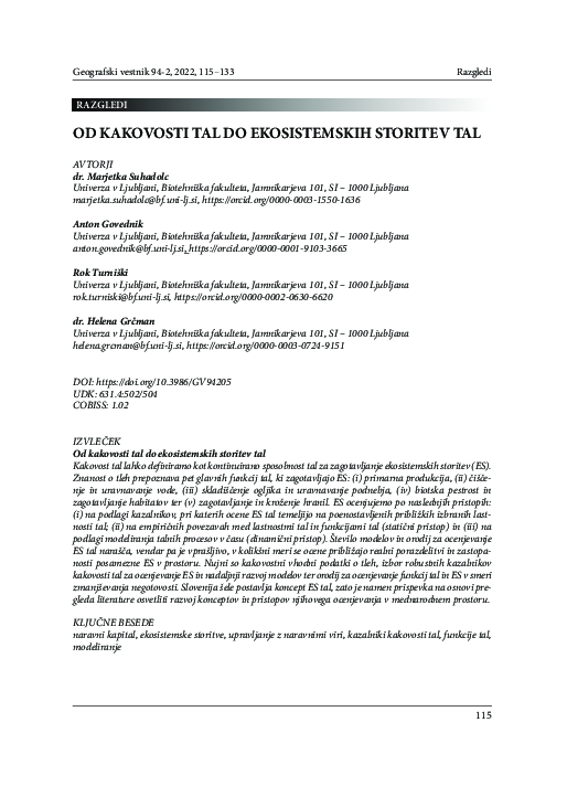 (PDF) Od kakovosti tal do ekosistemskih storitev tal