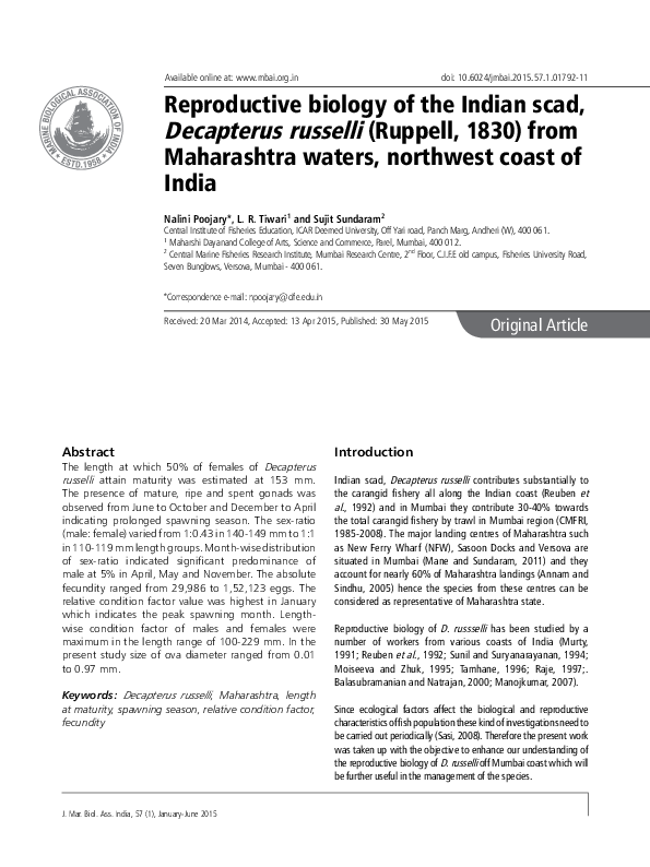 (PDF) Reproductive biology of the Indian scad, Decapterus russelli ...