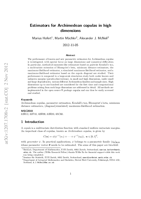 (PDF) Estimators for Archimedean copulas in high dimensions
