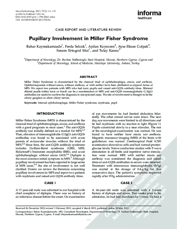 (PDF) Pupillary Involvement in Miller Fisher Syndrome