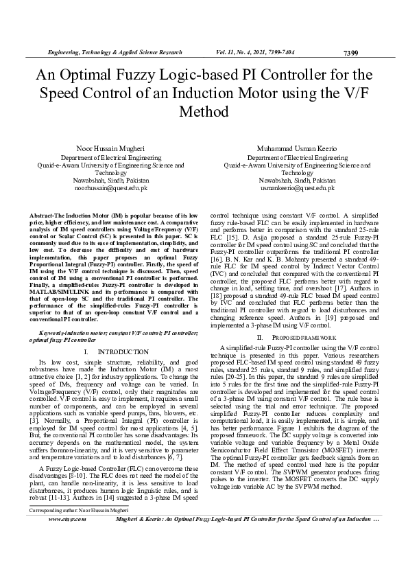 (PDF) An Optimal Fuzzy Logic-based PI Controller for the Speed Control of an Induction Motor ...