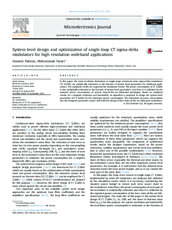 (PDF) System level design and optimization of single-loop CT sigma-delta modulators for high ...