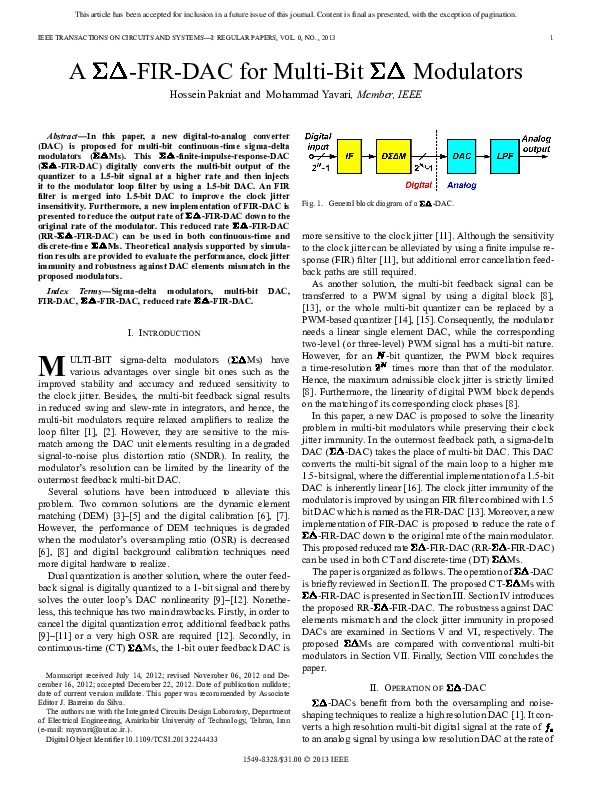 (PDF) A $\Sigma \Delta$-FIR-DAC for Multi-Bit $\Sigma \Delta$ Modulators