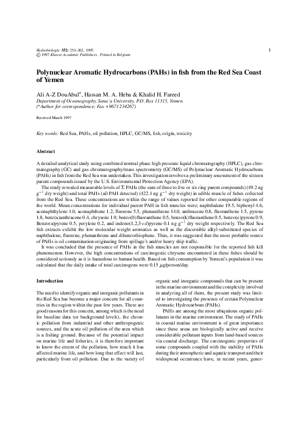 (PDF) Polynuclear Aromatic Hydrocarbons (PAHs) in fish from the Red Sea Coast of Yemen | Ali ...