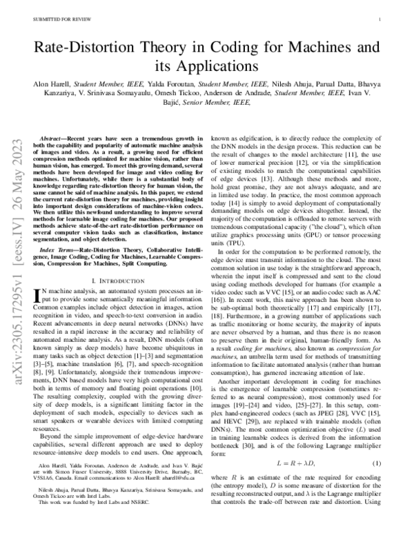 (PDF) Rate-Distortion Theory in Coding for Machines and its Application