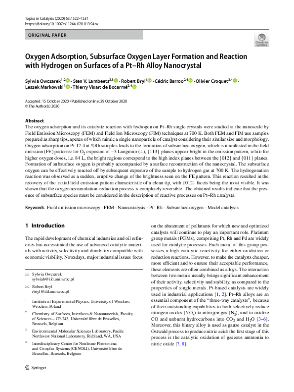 (PDF) Oxygen adsorption, subsurface oxygen layer formation and reaction ...