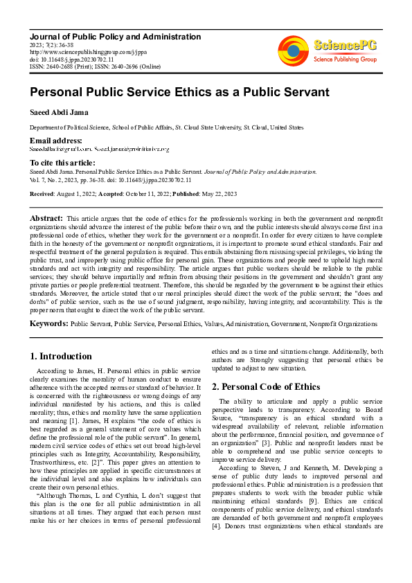 (PDF) Personal Public Service Ethics as a Public Servant