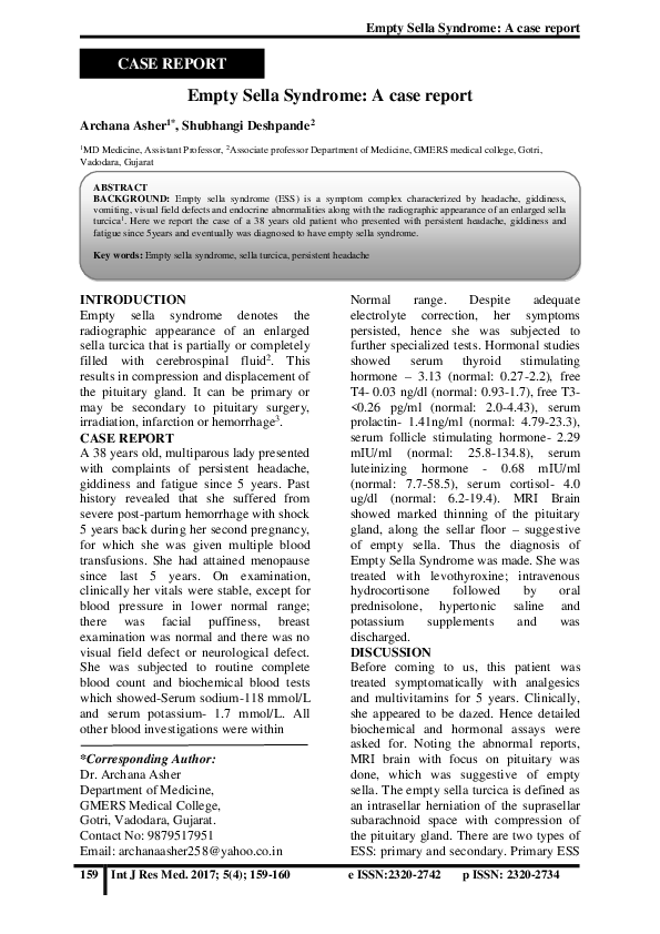 (PDF) Empty sella syndrome: A case report