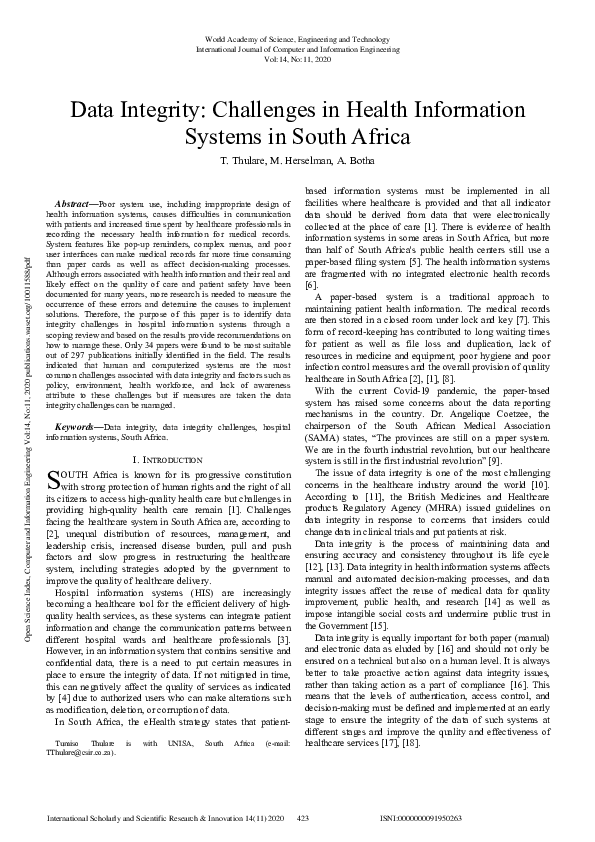 (PDF) Data integrity: Challenges in health information systems in South Africa