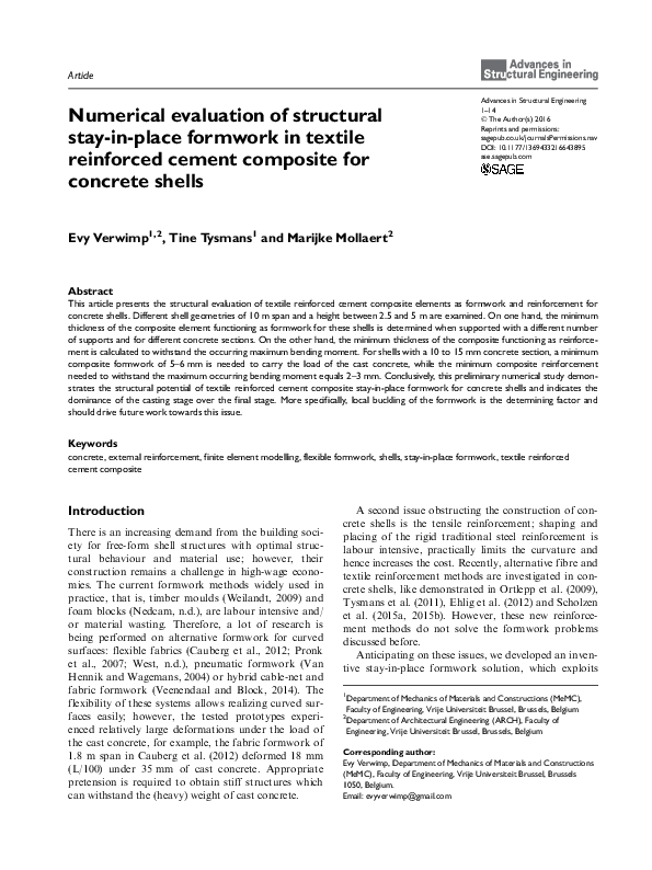 (PDF) Numerical evaluation of structural stay-in-place formwork in textile reinforced cement ...