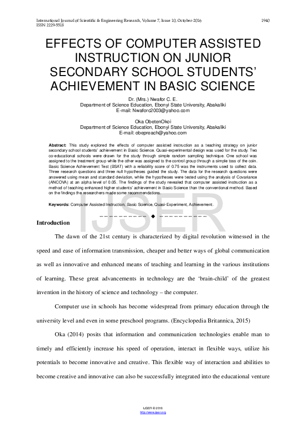 (PDF) EFFECTS OF COMPUTER ASSISTED INSTRUCTION ON JUNIOR SECONDARY ...