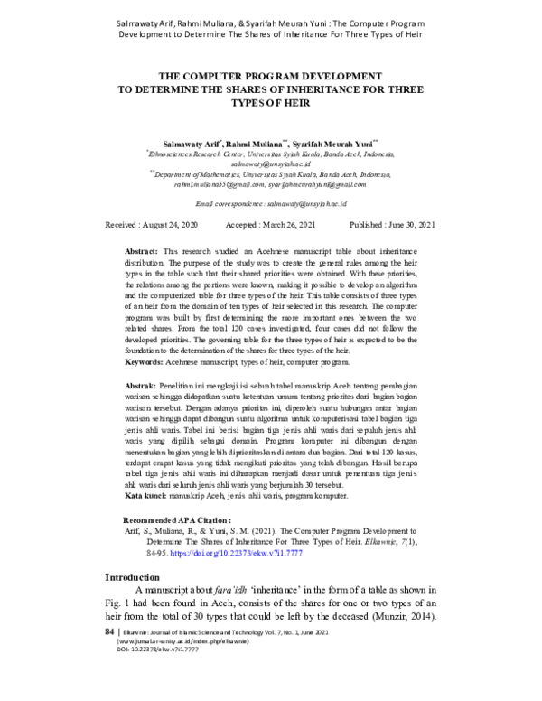 (PDF) The Computer Program Development to Determine The Shares of Inheritance for Three Types of ...