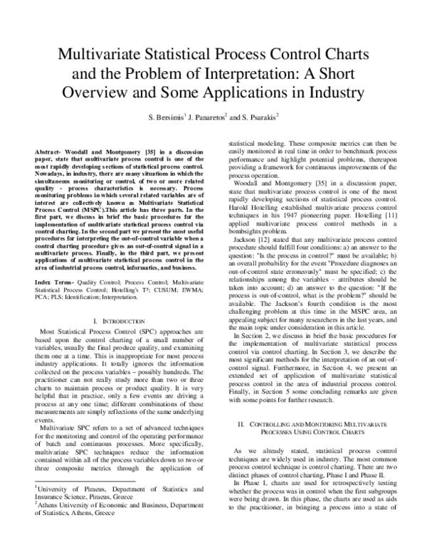 Pdf Multivariate Statistical Process Control Charts And The Problem Of Interpretation A Short