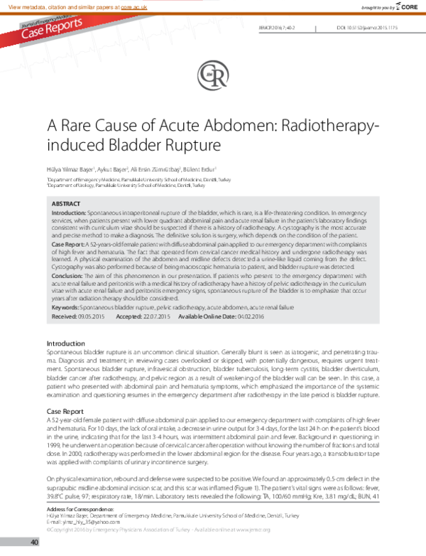(PDF) A Rare Cause of Acute Abdomen: Radiotherapy-induced Bladder Rupture