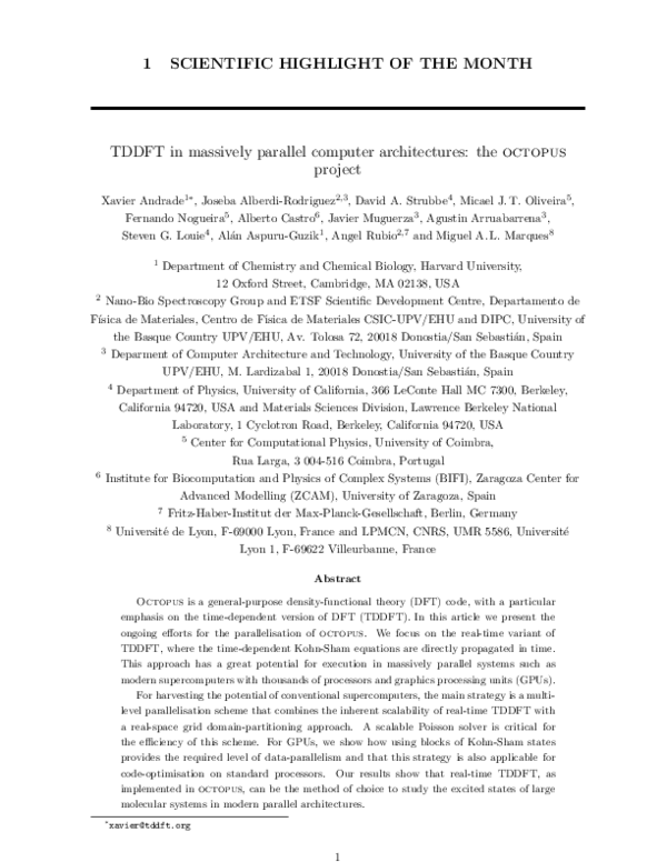 (PDF) 1 SCIENTIFIC HIGHLIGHT OF THE MONTH TDDFT in massively parallel ...