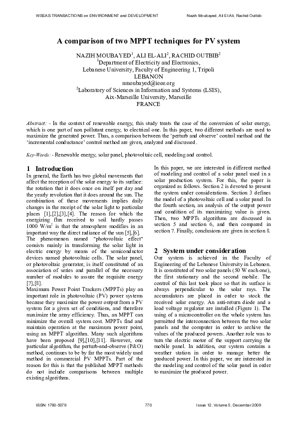 (PDF) A comparison of two MPPT techniques for PV system | Nazih ...