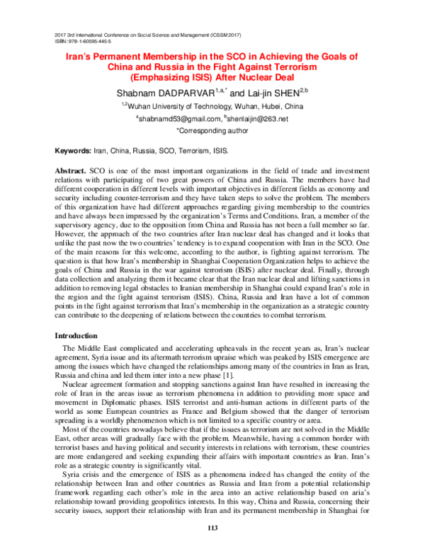 (PDF) Iran’s Permanent Membership in the SCO in Achieving the Goals of China and Russia in the ...