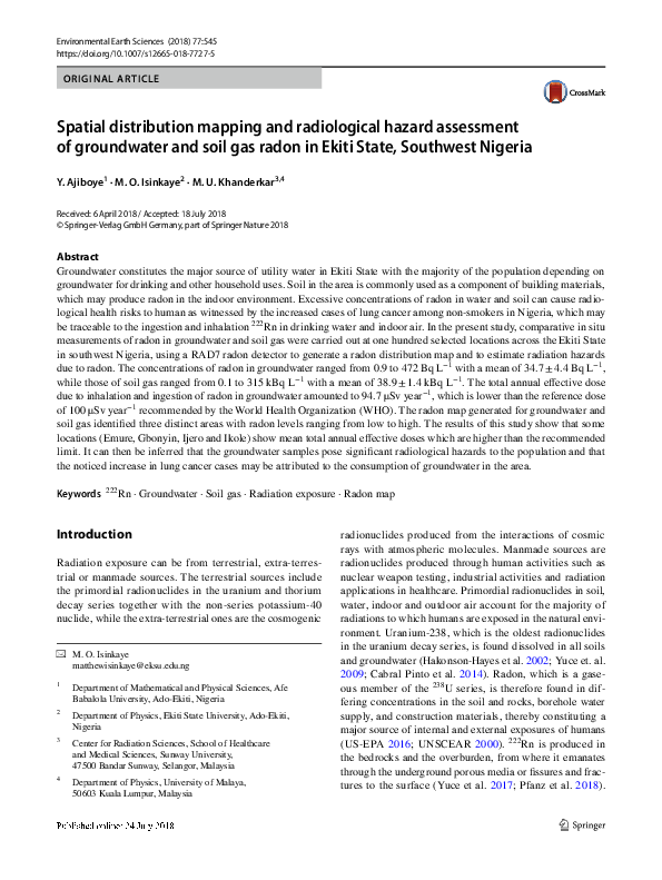(PDF) Spatial distribution mapping and radiological hazard assessment of groundwater and soil ...