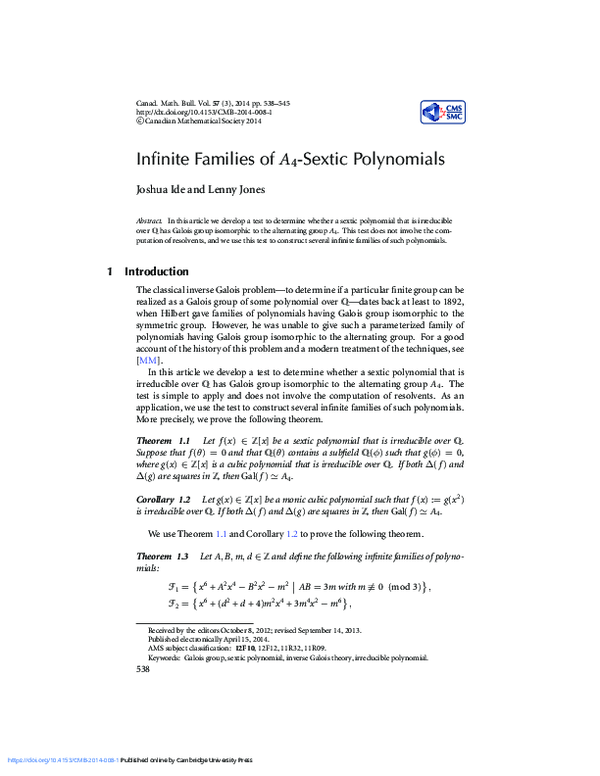 (PDF) Infinite Families of A4-Sextic Polynomials