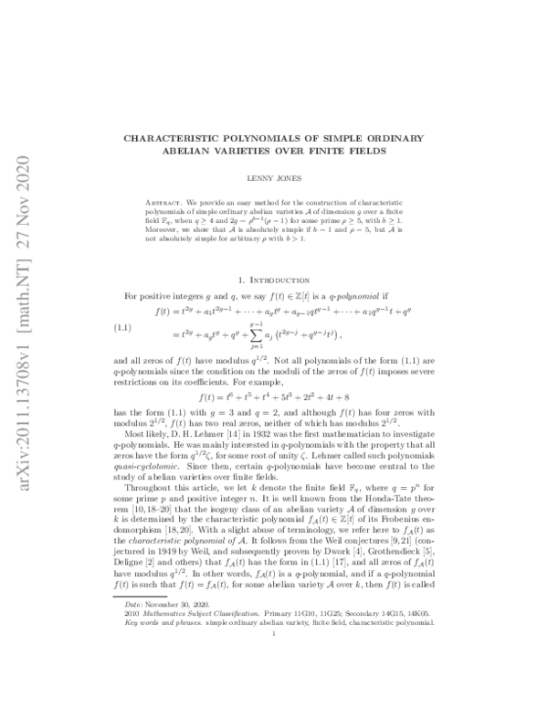 Pdf Characteristic Polynomials Of Simple Ordinary Abelian Varieties Over Finite Fields