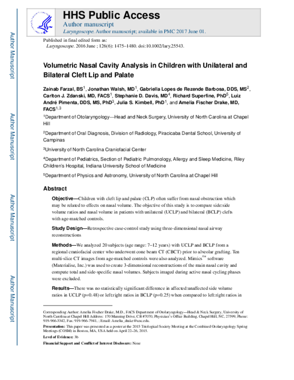 (PDF) Volumetric nasal cavity analysis in children with unilateral and bilateral cleft lip and ...