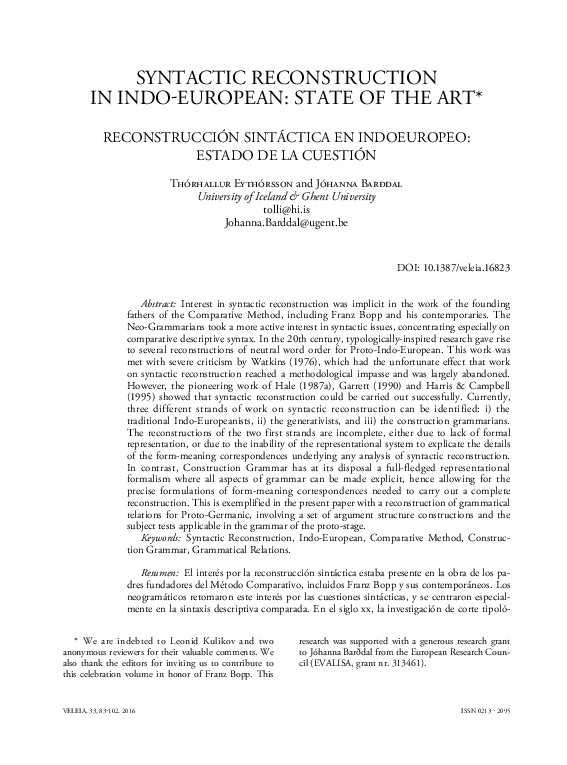 (PDF) Syntactic Reconstruction in Indo-European: State of the Art ...