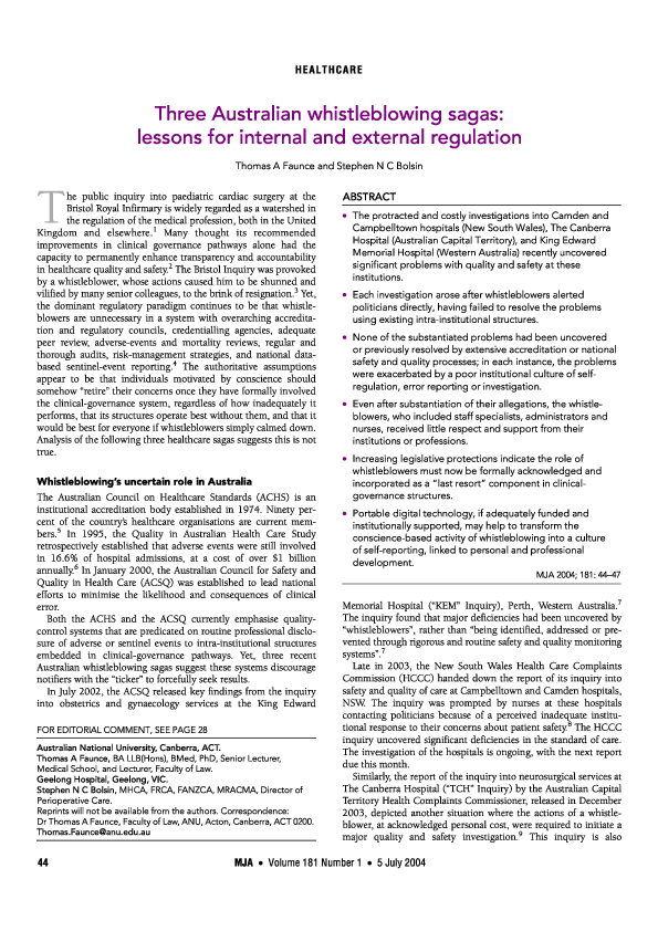 (PDF) Three Australian whistleblowing sagas: lessons for internal and external regulation