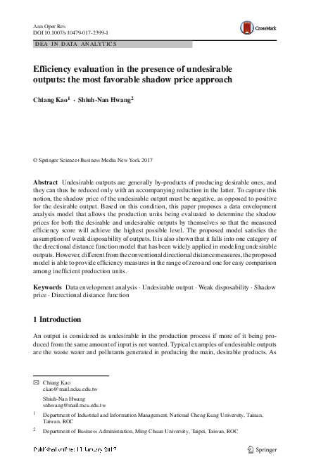 (PDF) Efficiency Evaluation in Presence of Undesirable and Negative Factors