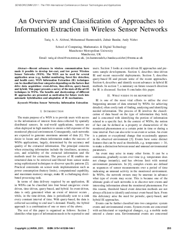 (PDF) An Overview and Classification of Approaches to Information Extraction in Wireless Sensor ...