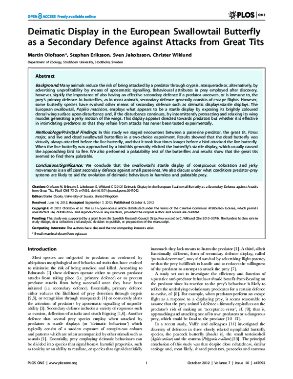(PDF) Deimatic Display in the European Swallowtail Butterfly as a ...