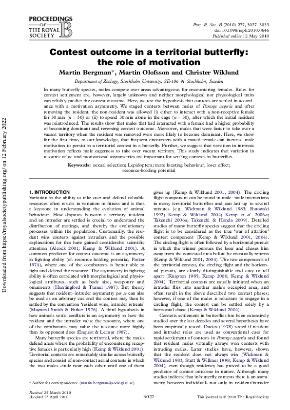 (PDF) Contest outcome in a territorial butterfly: the role of motivation
