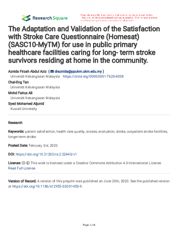 (PDF) The Adaptation and Validation of the Satisfaction with Stroke ...